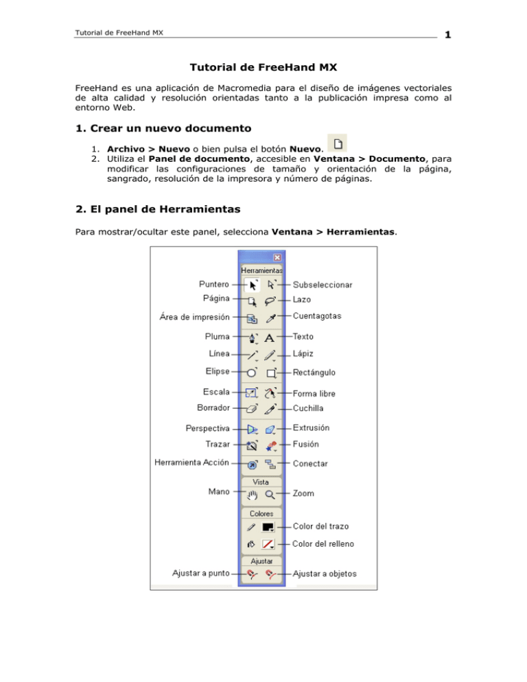 1 Tutorial de FreeHand MX 1. Crear un nuevo documento 2. El