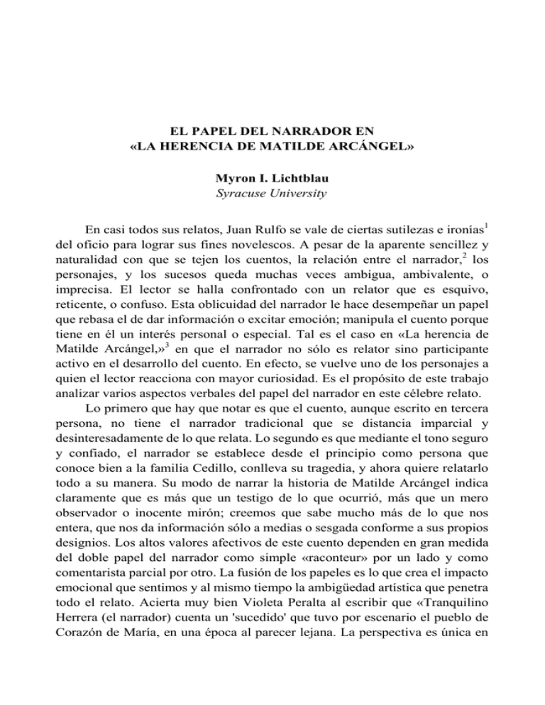 EL PAPEL DEL NARRADOR EN «LA HERENCIA DE MATILDE
