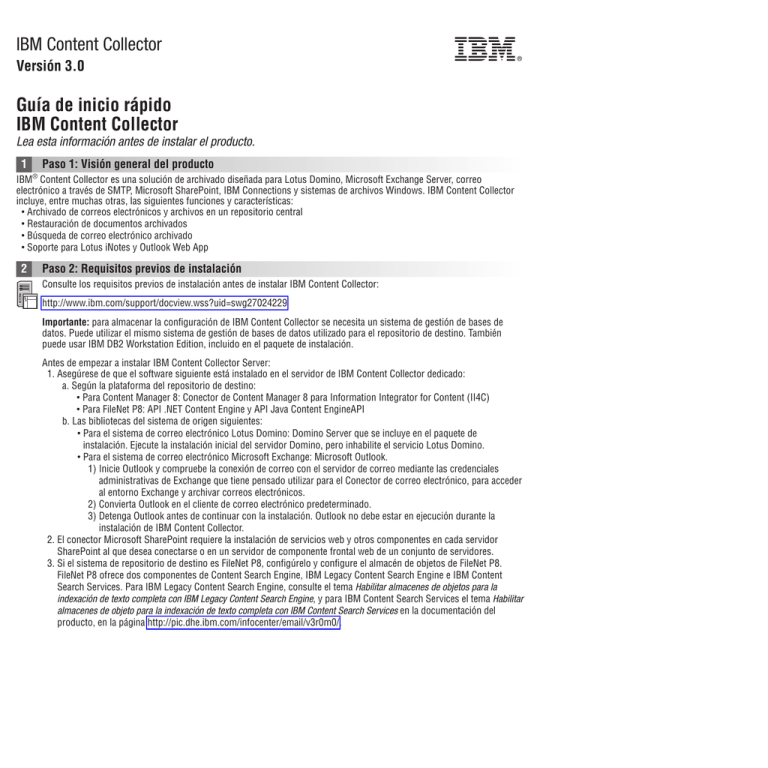 IBM Content Collector Guía de inicio rápido IBM Content Collector