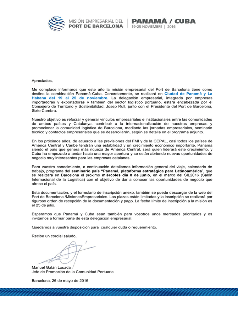 Apreciados, Me complace informaros que este año la misión