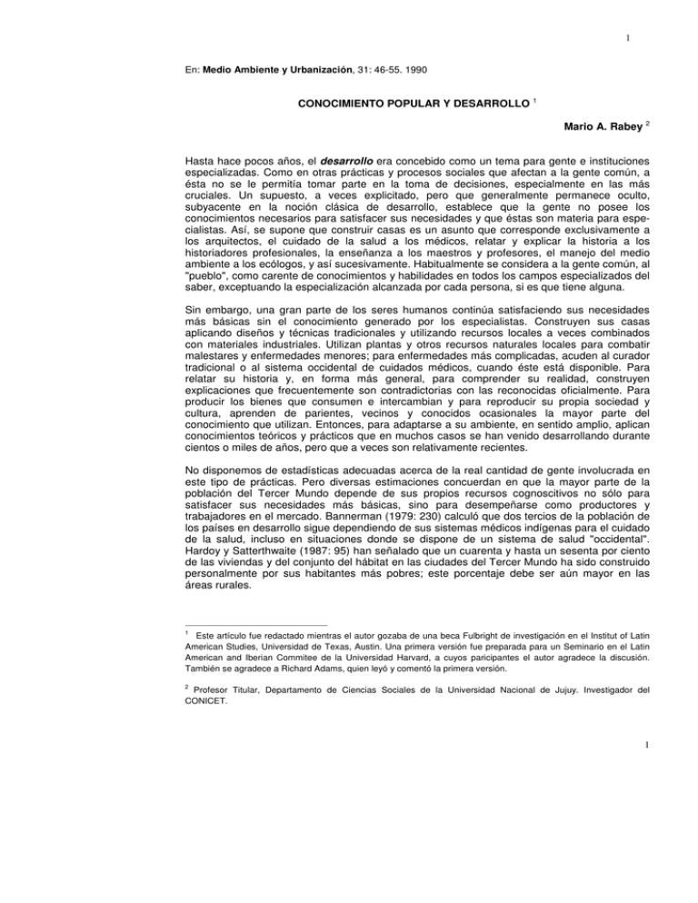 CONOCIMIENTO POPULAR Y DESARROLLO 1 Mario A. Rabey 2