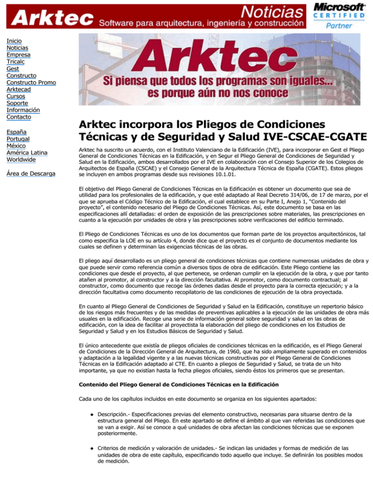 Arktec incorpora los Pliegos de Condiciones Técnicas y