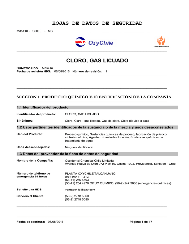 hojas de datos de seguridad cloro, gas licuado
