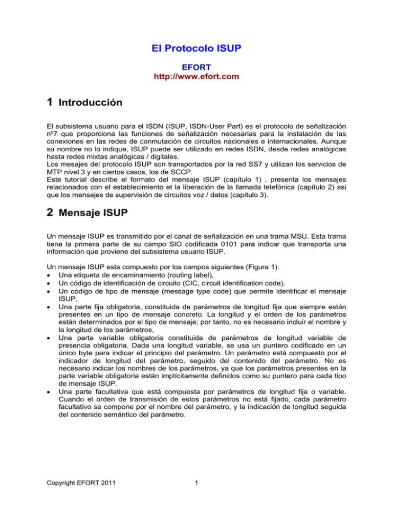 El Protocolo ISUP 1 Introducción 2 Mensaje ISUP