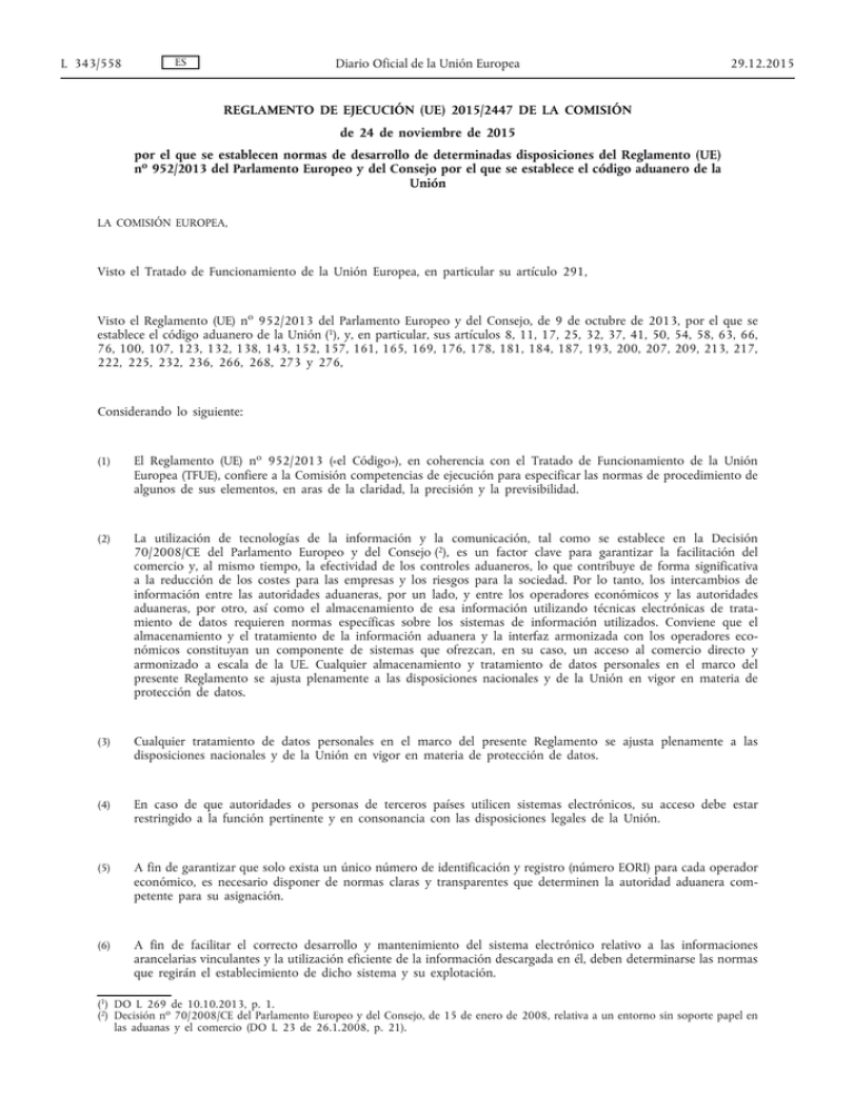 REGLAMENTO DE EJECUCIÓN (UE) 2015/2447 DE LA COMISIÓN