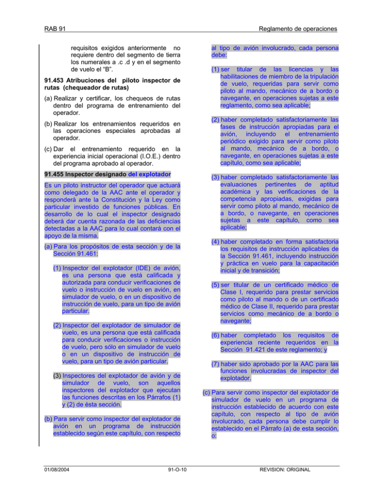 RAB 91 Reglamento de operaciones requisitos exigidos