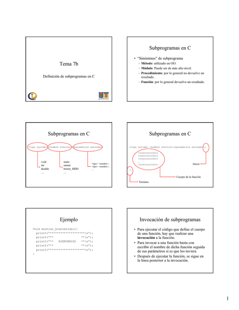 Tema 7b Subprogramas en C Subprogramas en C Subprogramas
