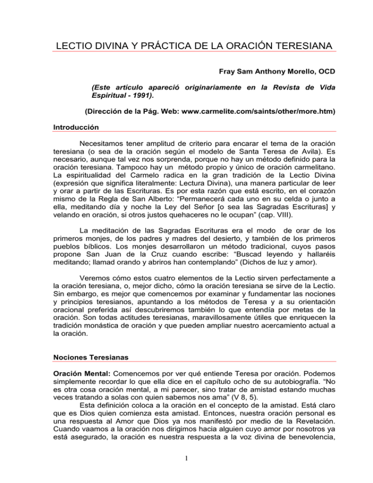 LECTIO DIVINA Y PRÁCTICA DE LA ORACIÓN TERESIANA