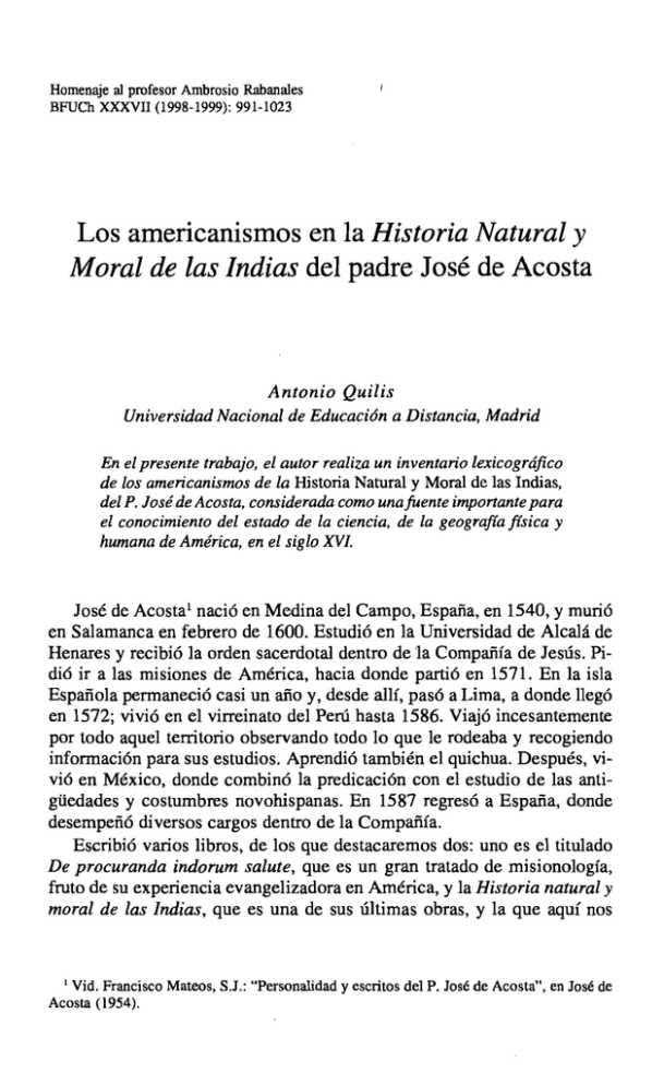 Los americanismos en la Historia Natural y Moral de las Indias del