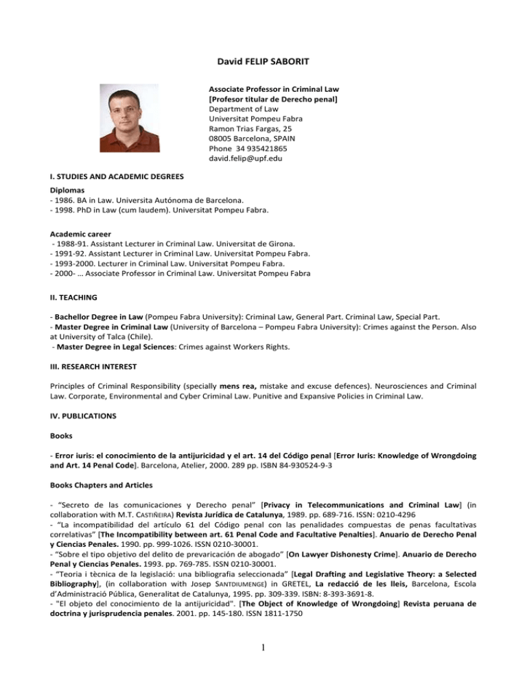 1 David FELIP SABORIT - Universitat Pompeu Fabra