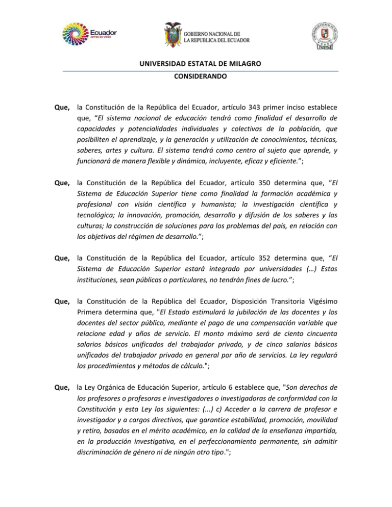 UNIVERSIDAD ESTATAL DE MILAGRO CONSIDERANDO Que, la