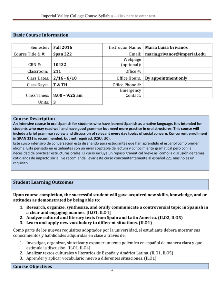Basic Course Information Course Description Student Learning