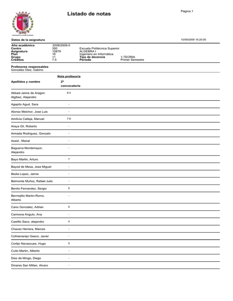 Listado de notas