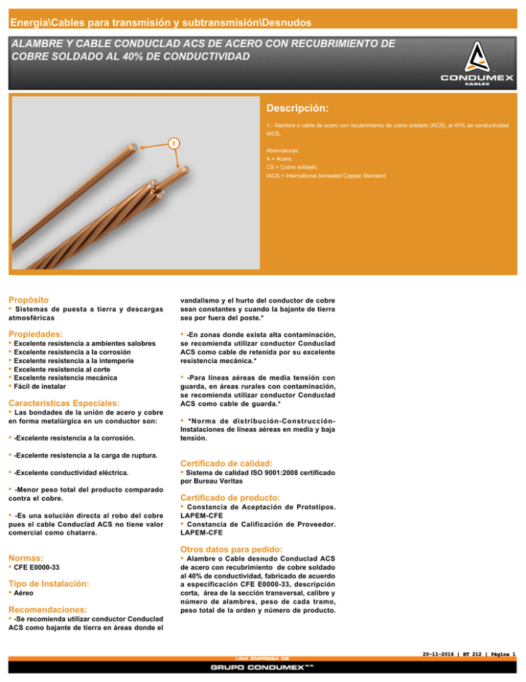 ALAMBRE Y CABLE CONDUCLAD ACS DE ACERO CON