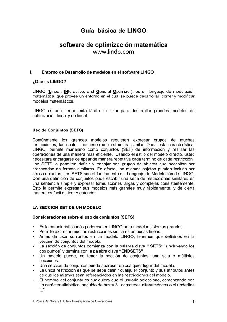 Guía básica de LINGO software de optimización matemática www
