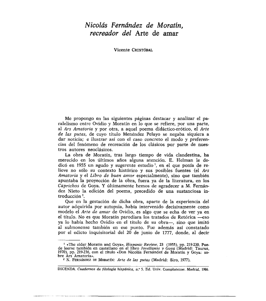 Nicolás Fernández de Moratin, recreador del Arte de amar