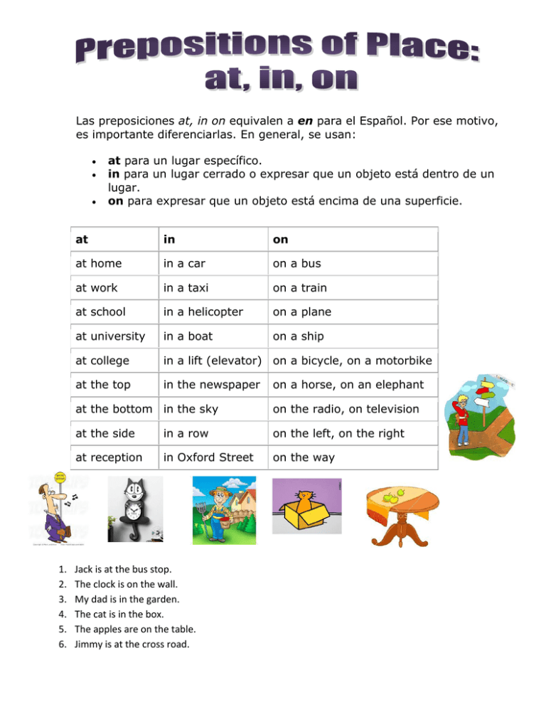 Las preposiciones at, in on equivalen a en para el