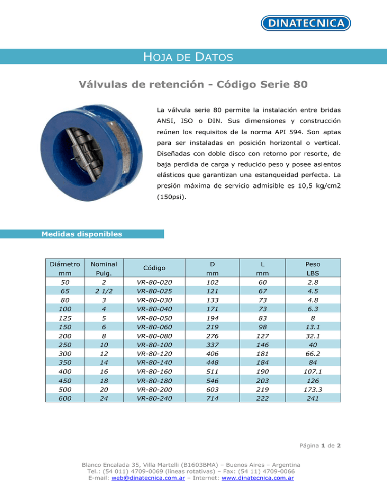 Válvulas de retención - Código Serie 80 HOJA DE