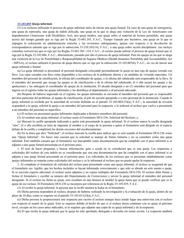 CHAPTER 33-103 INMATE GRIEVANCE PROCEDURE