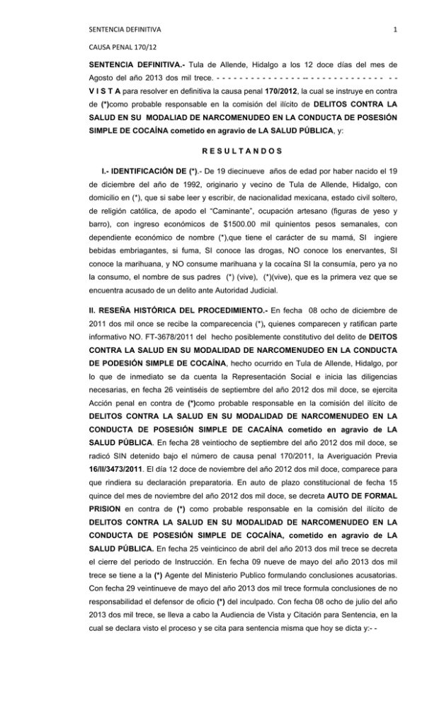 SENTENCIA DEFINITIVA CAUSA PENAL 170/12 1 SENTENCIA