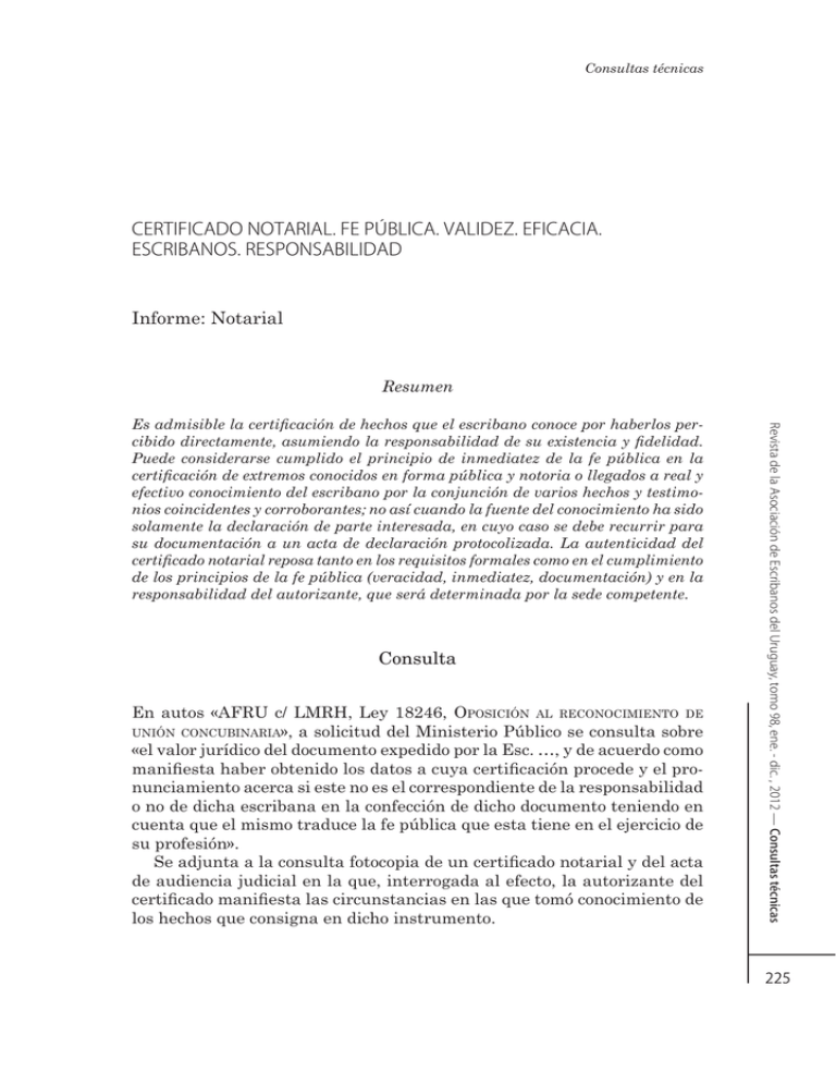 CERTIFICADO NOTARIAL. FE PÚBLICA. VALIDEZ. EFICACIA
