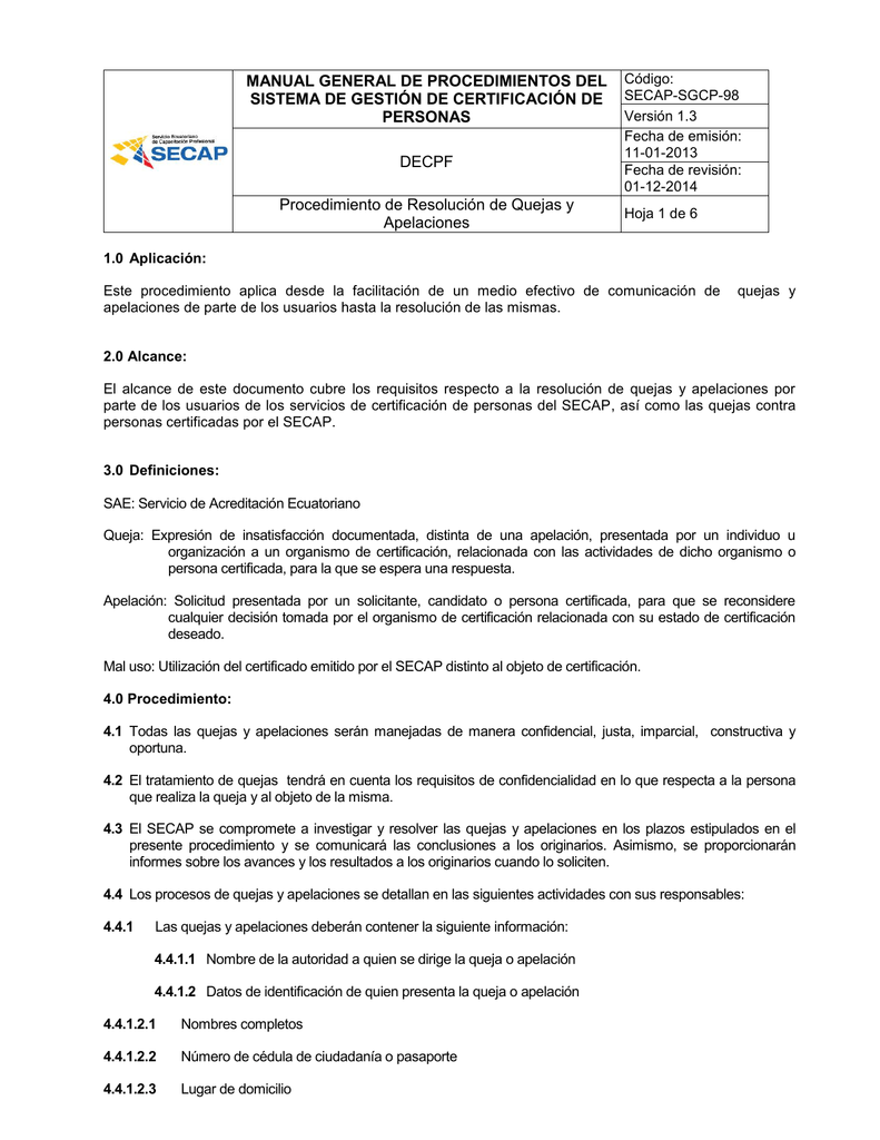 Procedimiento de quejas y apelaciones