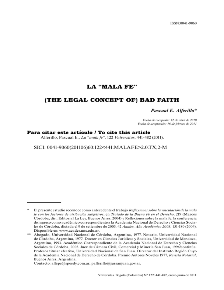 La “maLa fe” (The LegaL concepT of) bad faiTh
