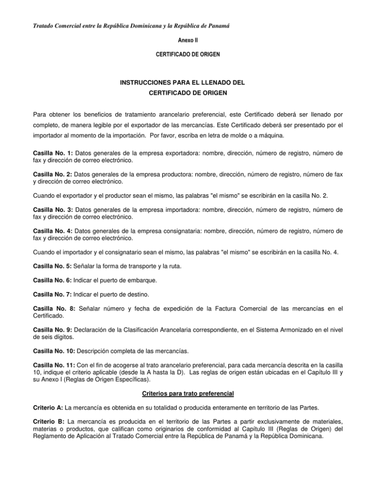 Llenado para Certificado de origen Llenado para Certificado de origen
