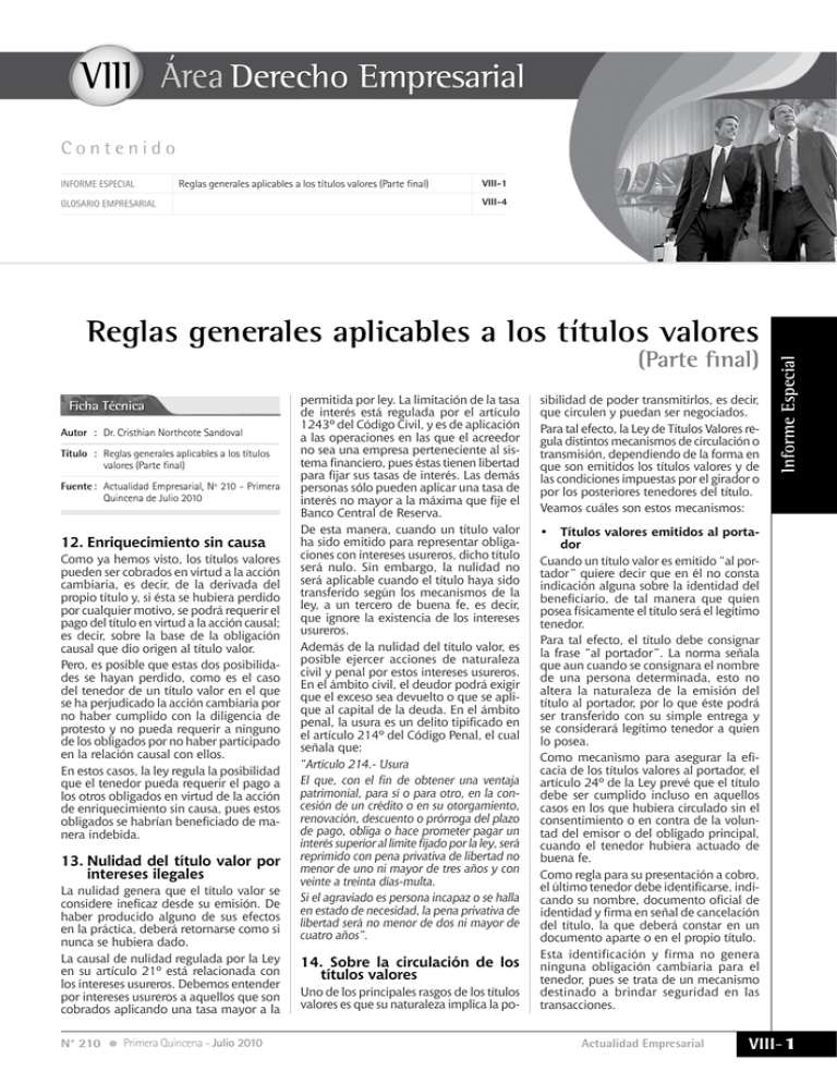 Viii Reglas Generales Aplicables A Los Títulos Valores