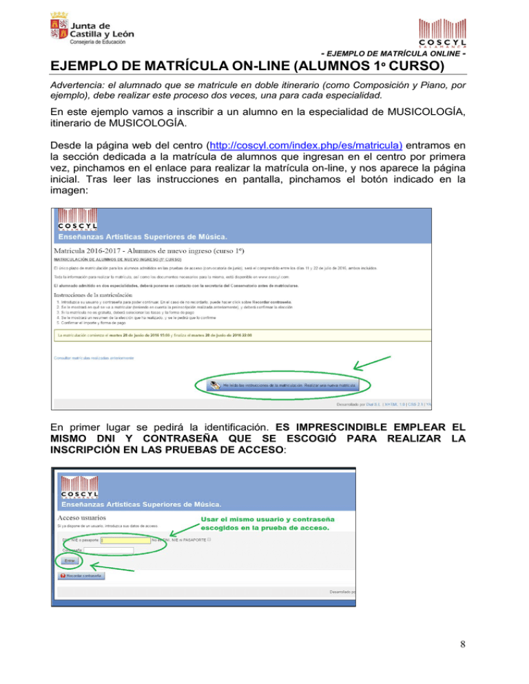 EJEMPLO DE MATRÍCULA ON-LINE (ALUMNOS 1 º CURSO)
