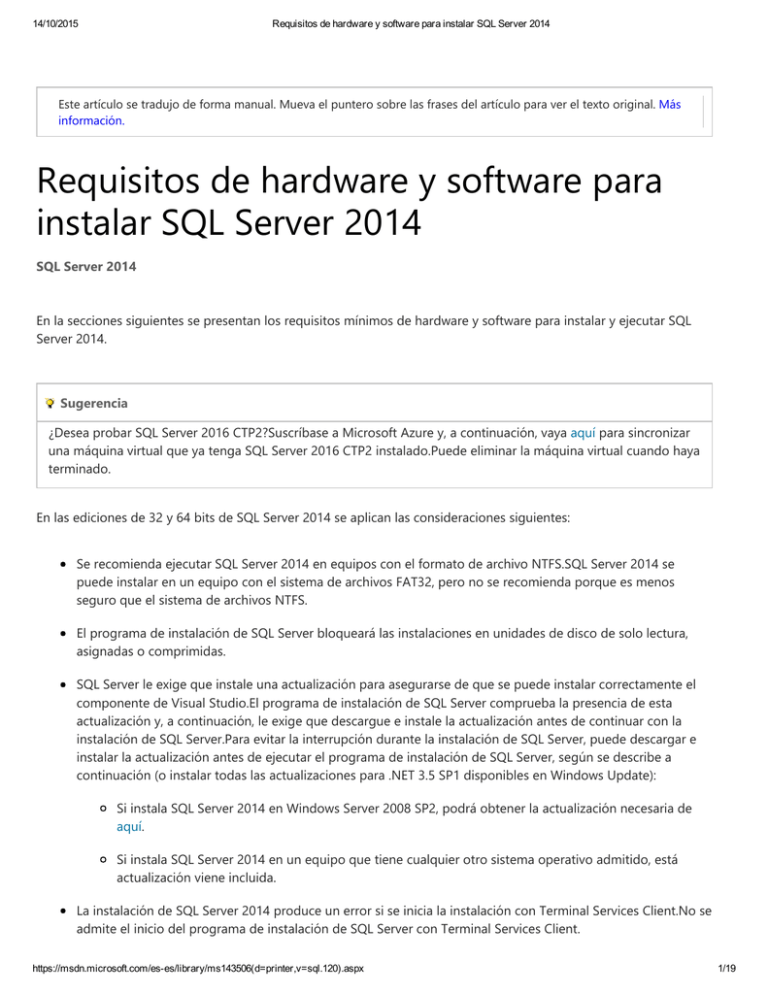 requisitos de hardware y software para instalar sql server 2014