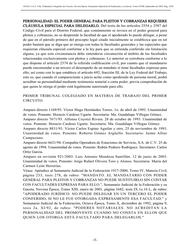 PERSONALIDAD. EL PODER GENERAL PARA PLEITOS Y