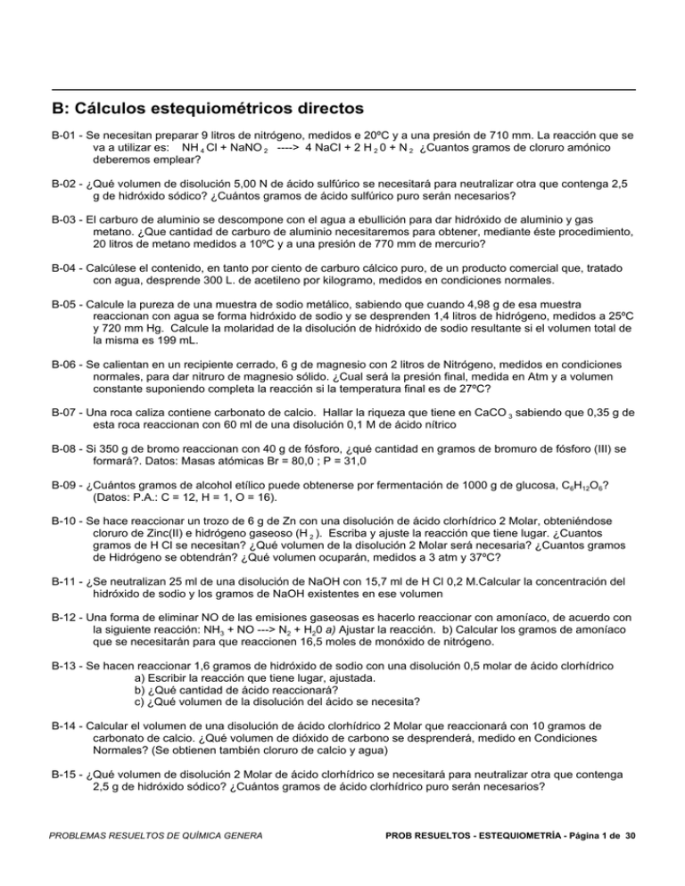 B: Cálculos estequiométricos directos