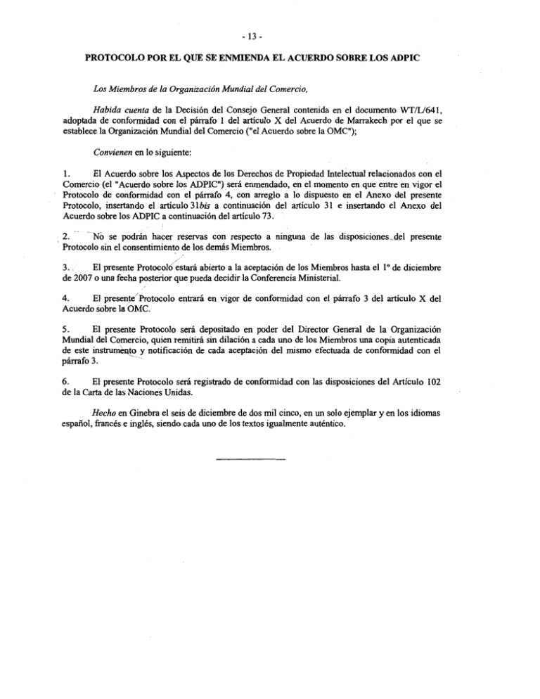 Protocolo por el que se Enmienda el Acuerdo sobre los ADPIC