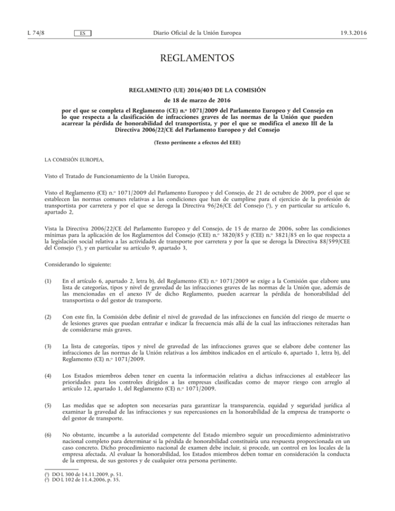 REGLAMENTO (UE) 2016/ 403 DE LA COMISIÓN