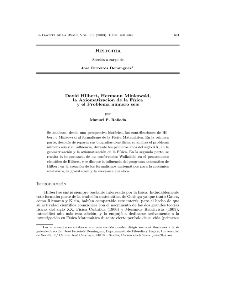 David Hilbert, Hermann Minkowski, la Axiomatización de la Física y