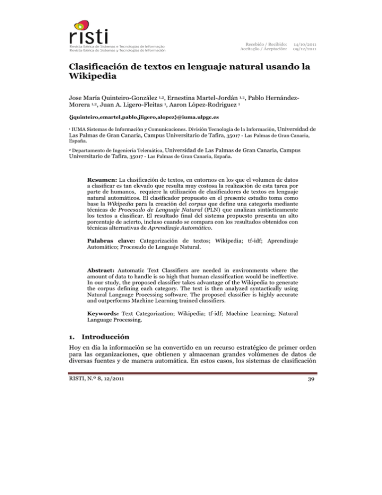 Clasificación de textos en lenguaje natural usando la Wikipedia
