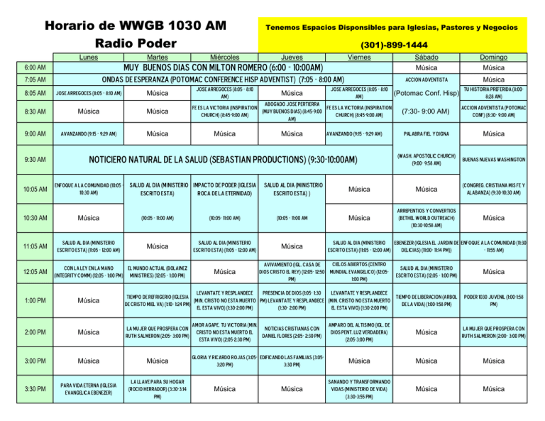 Horario de WWGB 1030 AM Radio Poder
