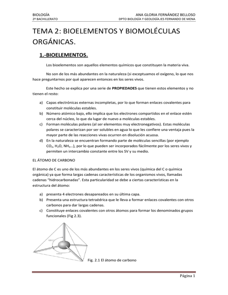 TEMA 2: BIOELEMENTOS Y BIOMOLÉCULAS ORGÁNICAS.