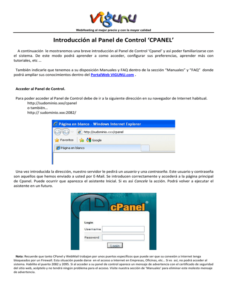 Introducción al Panel de Control `CPANEL`