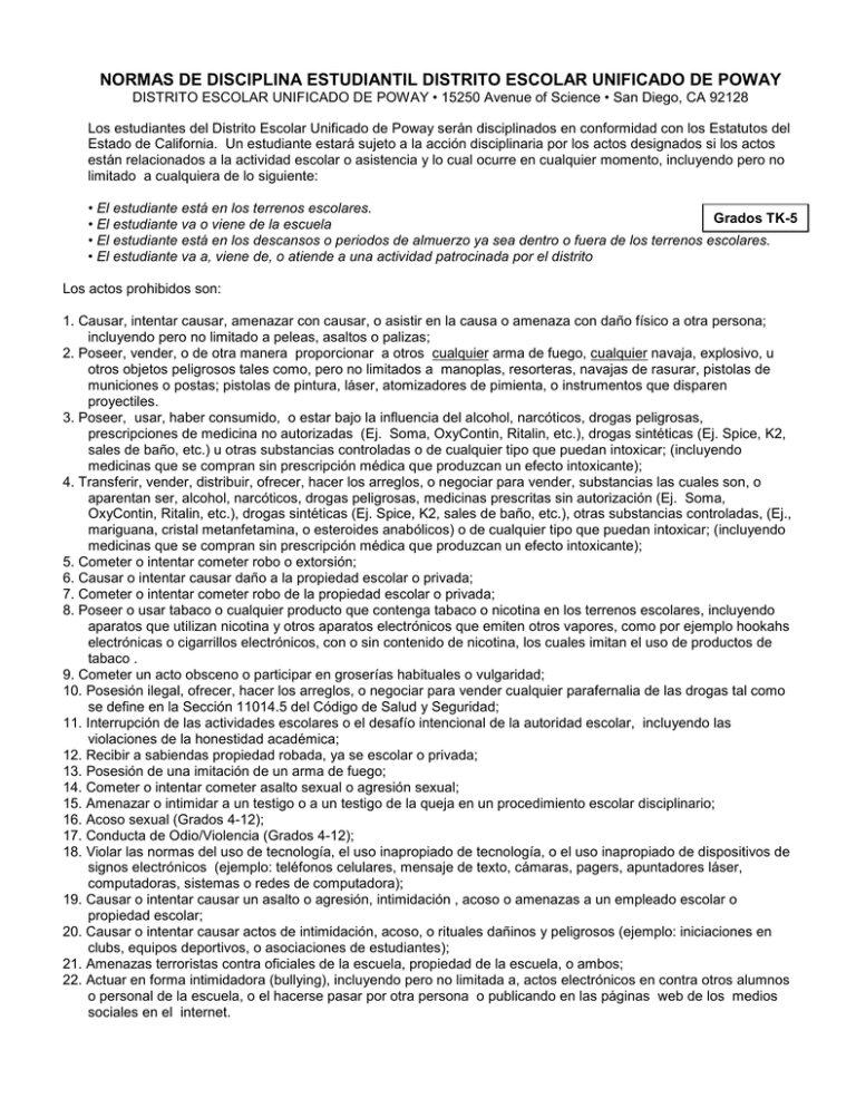 Reglas de la disciplina del estudiante: (TK-5)