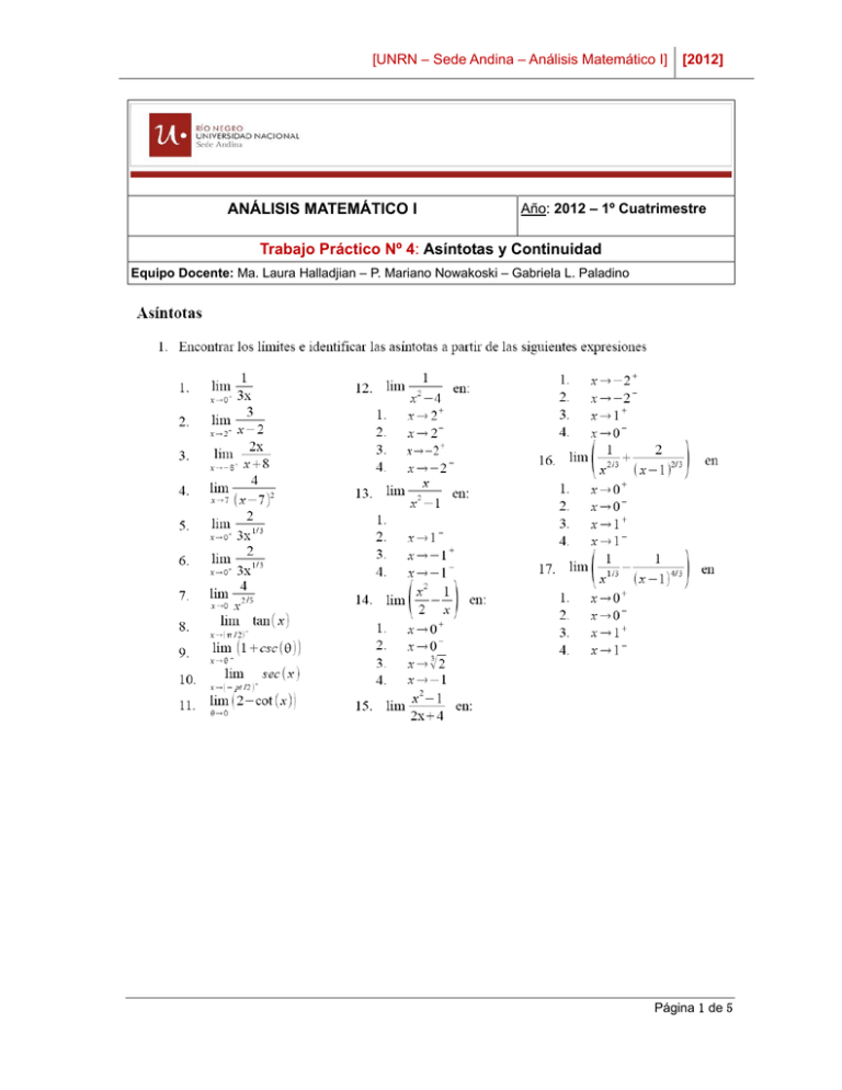 ANÁLISIS MATEMÁTICO I Trabajo Práctico Nº 4: Asíntotas y