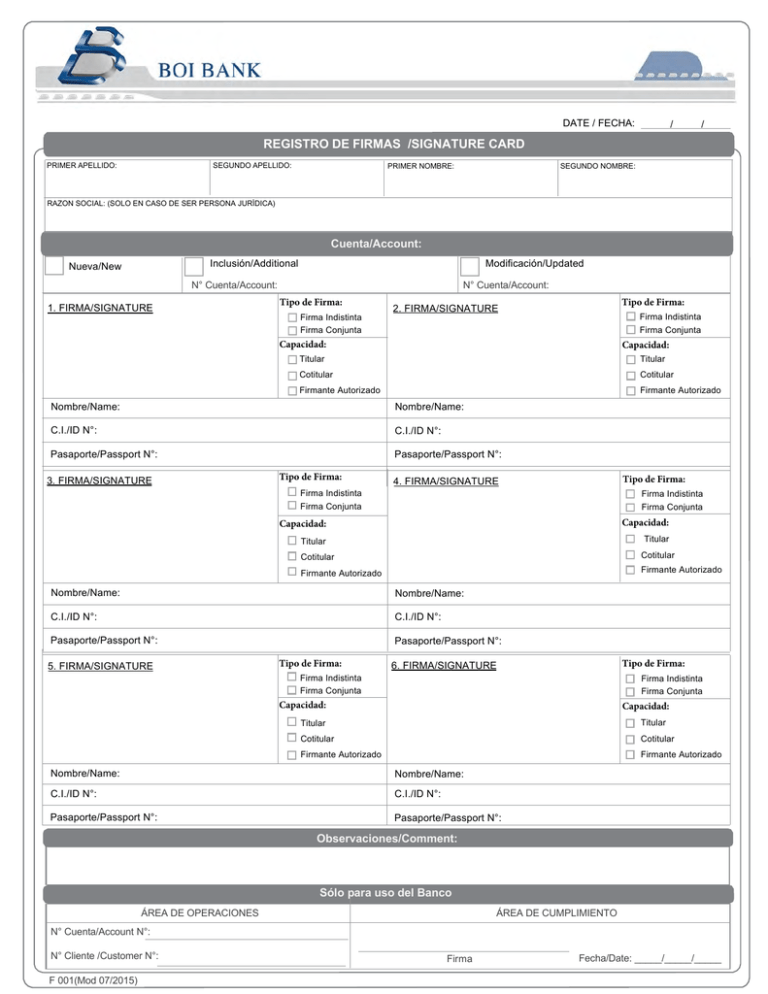 registro de firmas /signature card