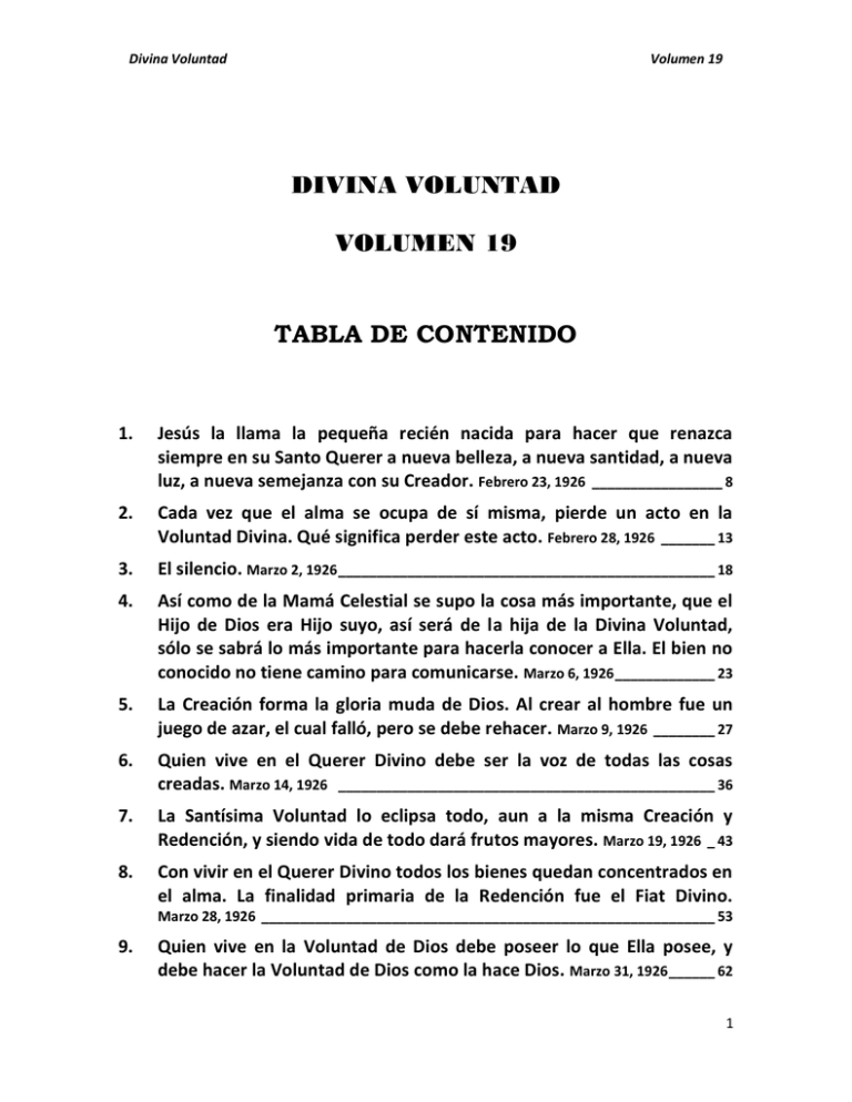 DIVINA VOLUNTAD VOLUMEN 19 TABLA DE CONTENIDO