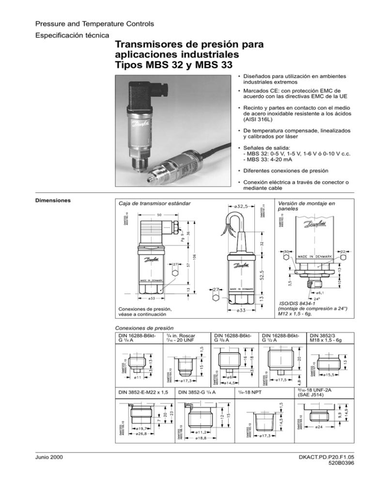 Transmisores de presión para aplicaciones industriales Tipos MBS