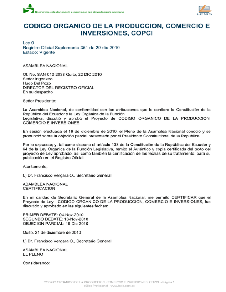 codigo organico de la produccion, comercio e inversiones, copci