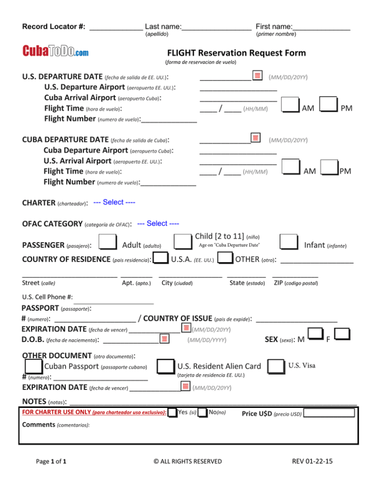 FLIGHT Reservation Request Form FLIGHT Reservation Request Form