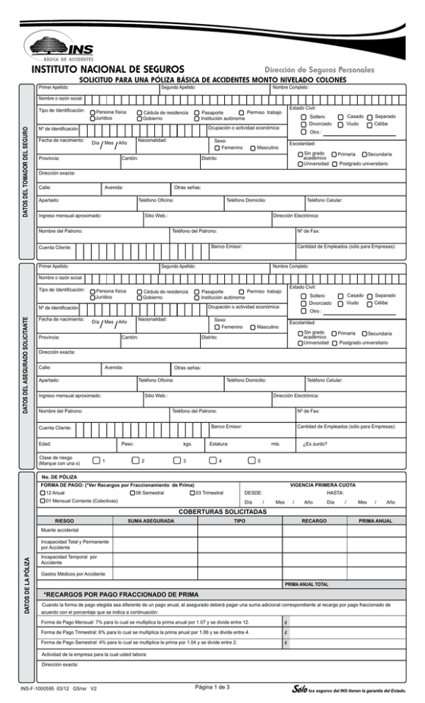 Formulario del INS. Póliza Básica