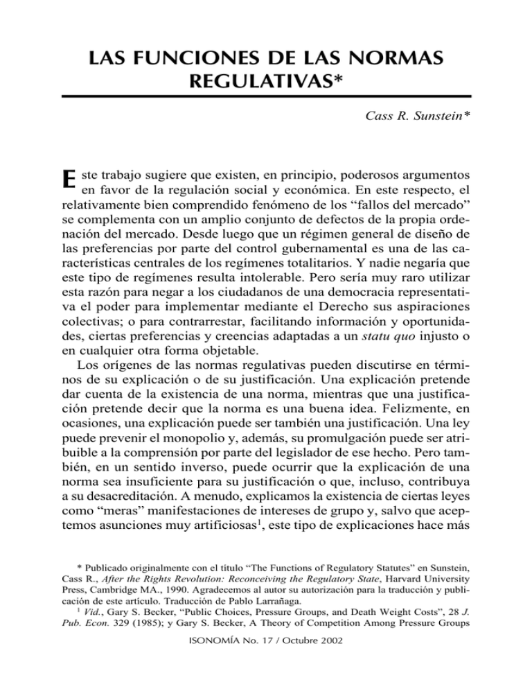 LAS FUNCIONES DE LAS NORMAS REGULATIVAS*