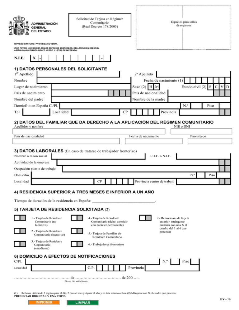 Tarjeta en Régimen Comunitario.